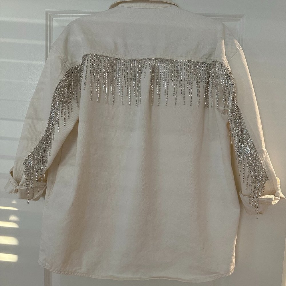 Oversized Diamond Fringe Denim Jacket - Gem